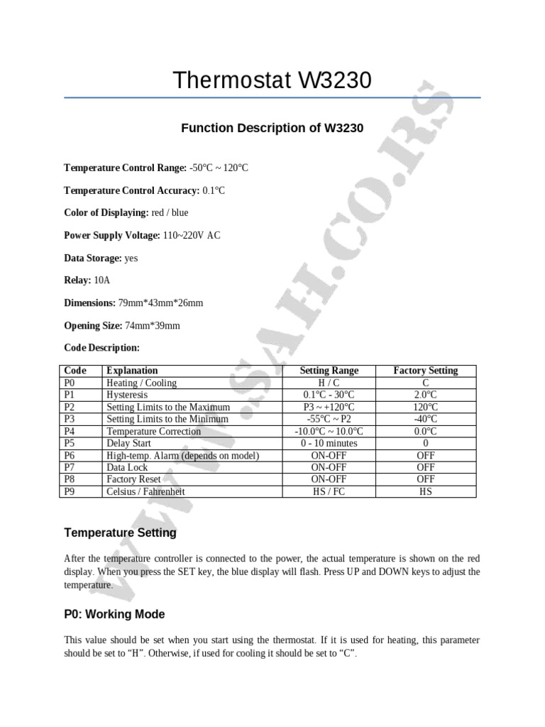 Thermostat W3230: Function Description of W3230 | PDF | Thermostat ...