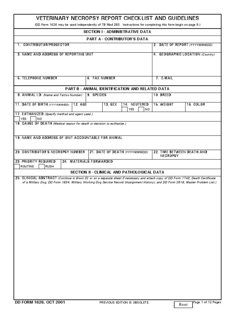 Veterinary Necropsy Report Checklist and Guidelines: Section I ...