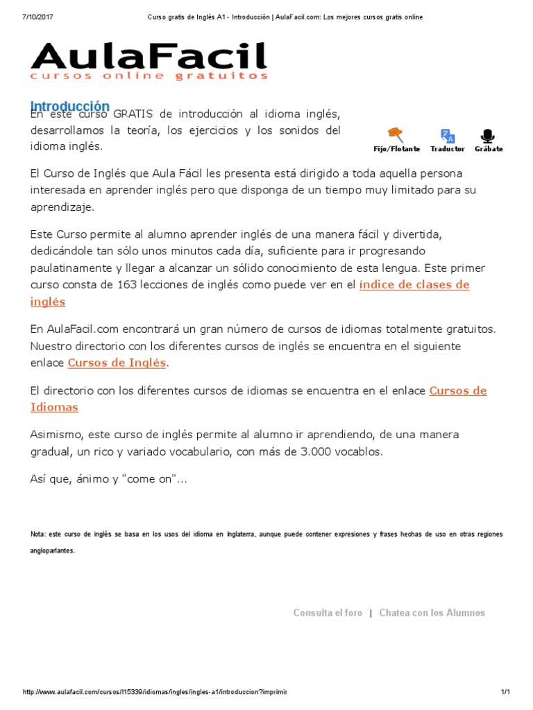 Curso Gratis de Inglés A1 - Introducción - AulaFacil | PDF