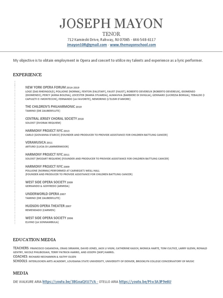 Joseph Mayon: Opera Tenor Resume | PDF | Social Science | Art