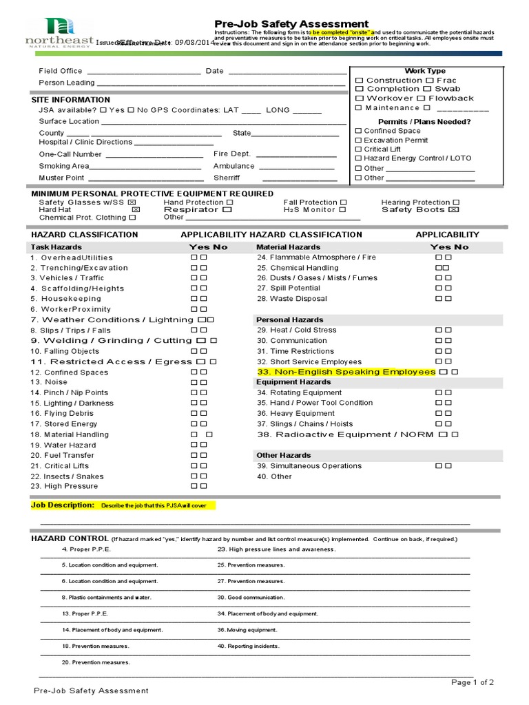 Pre-Job Safety Assessment: Site Information | PDF | Casing (Borehole ...