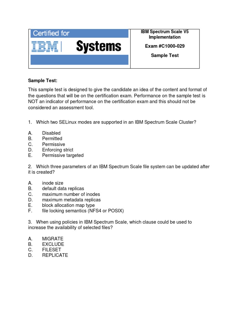 Exam #C1000-029 Sample Test: IBM Spectrum Scale V5 Implementation | PDF ...