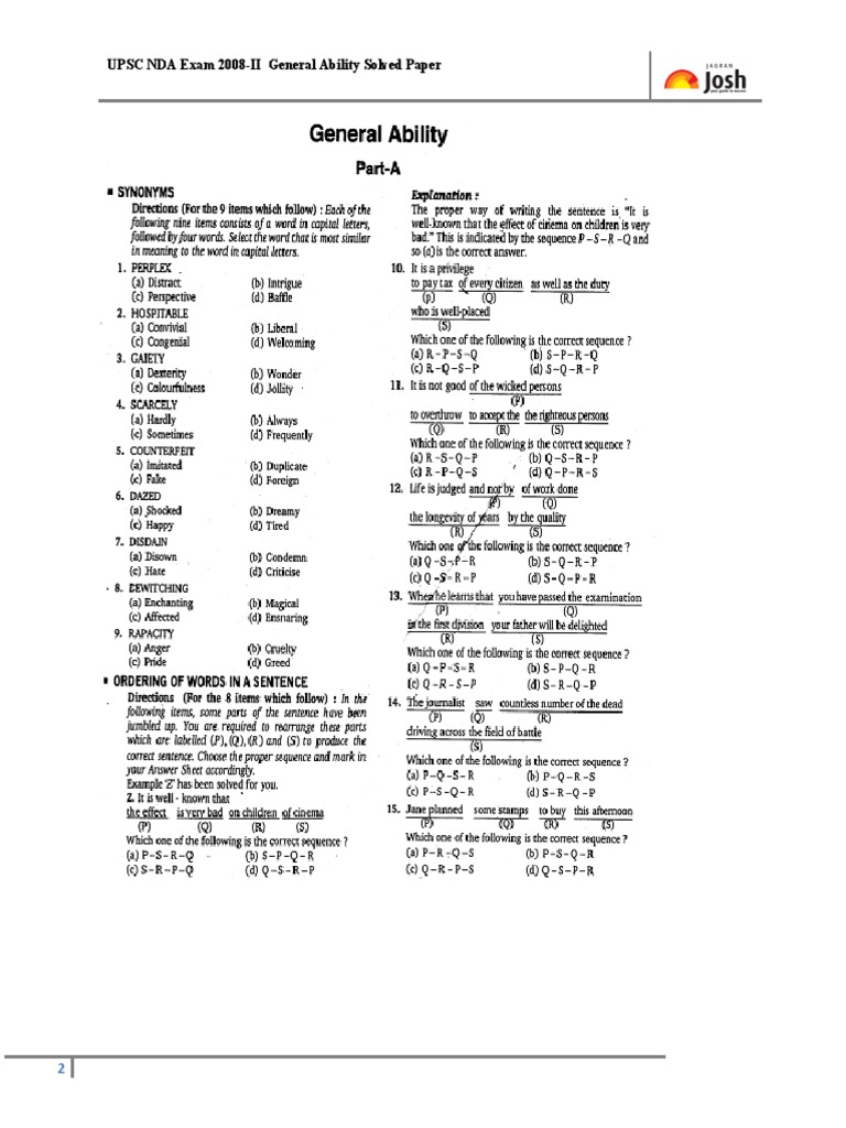 UPSC NDA Exam 2008-II General Ability Solved Paper | PDF | Educational ...