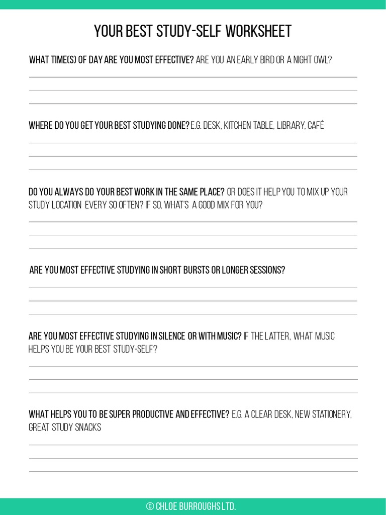 Your Best Study-Self Worksheet: © Chloe Burroughs LTD | PDF