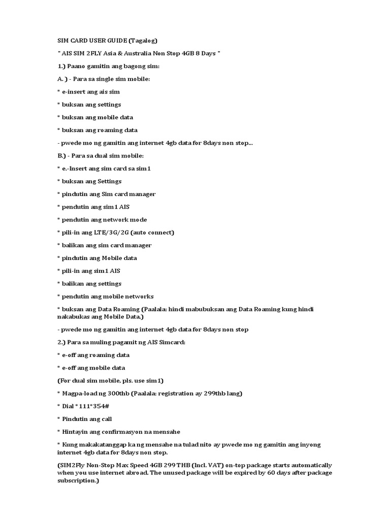 SIM CARD USER GUIDE Tagalog | PDF