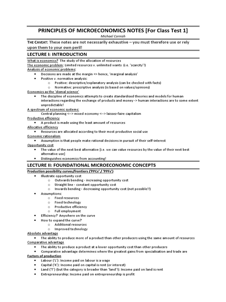Principles of Microeconomics Notes (For Class Test 1) : Lecture I ...