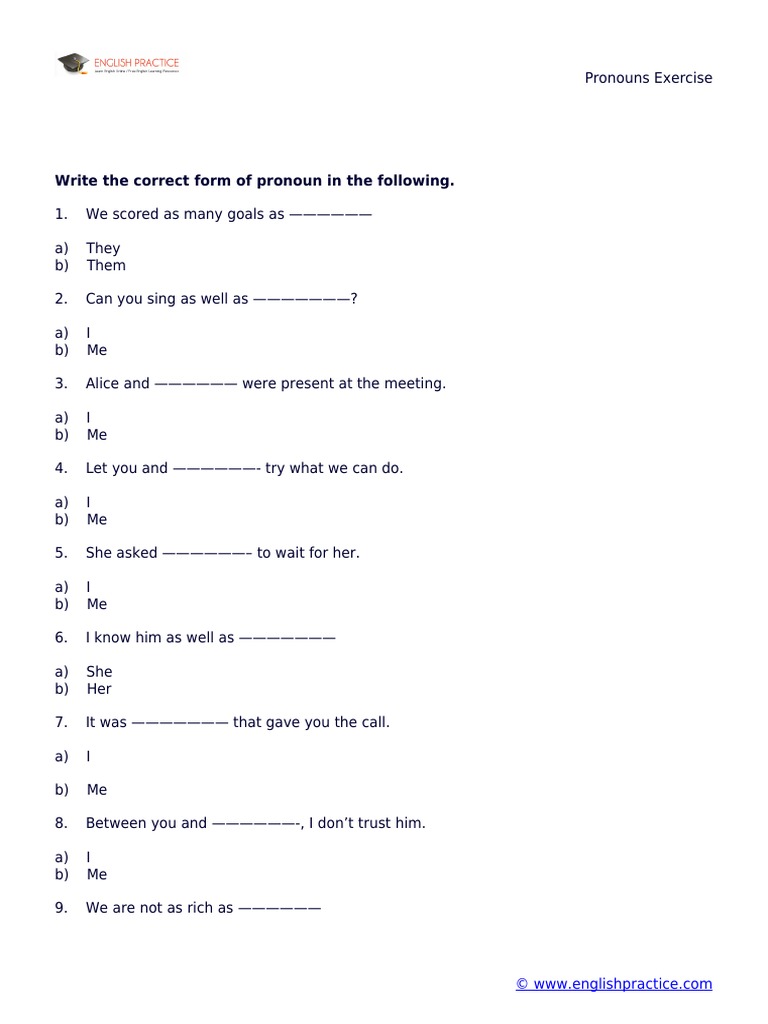 Write The Correct Form of Pronoun in The Following | PDF