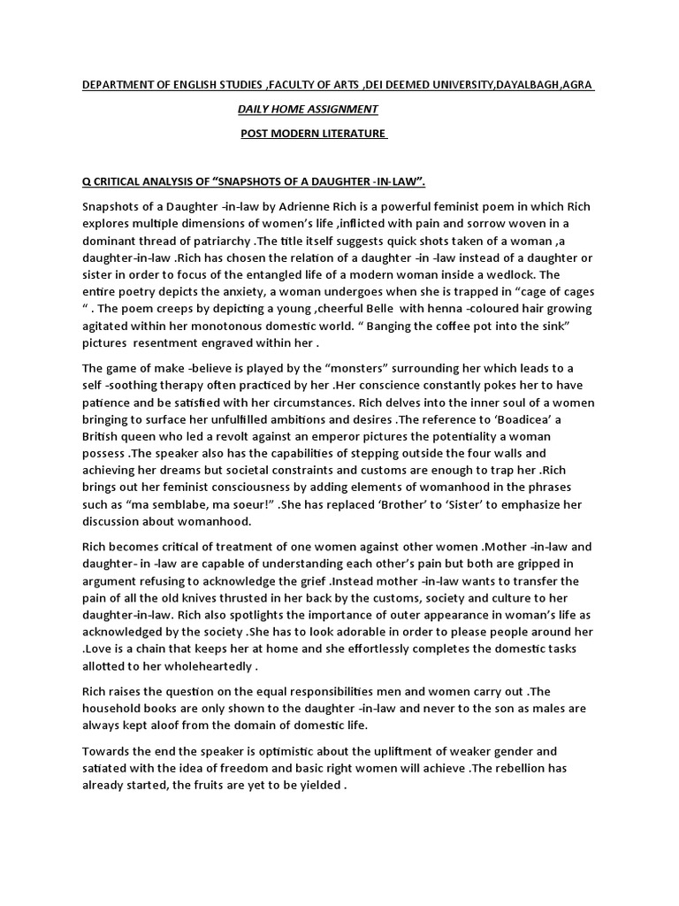 Analysis of Rich's "Snapshots of a Daughter-in-Law" | PDF | Woman ...