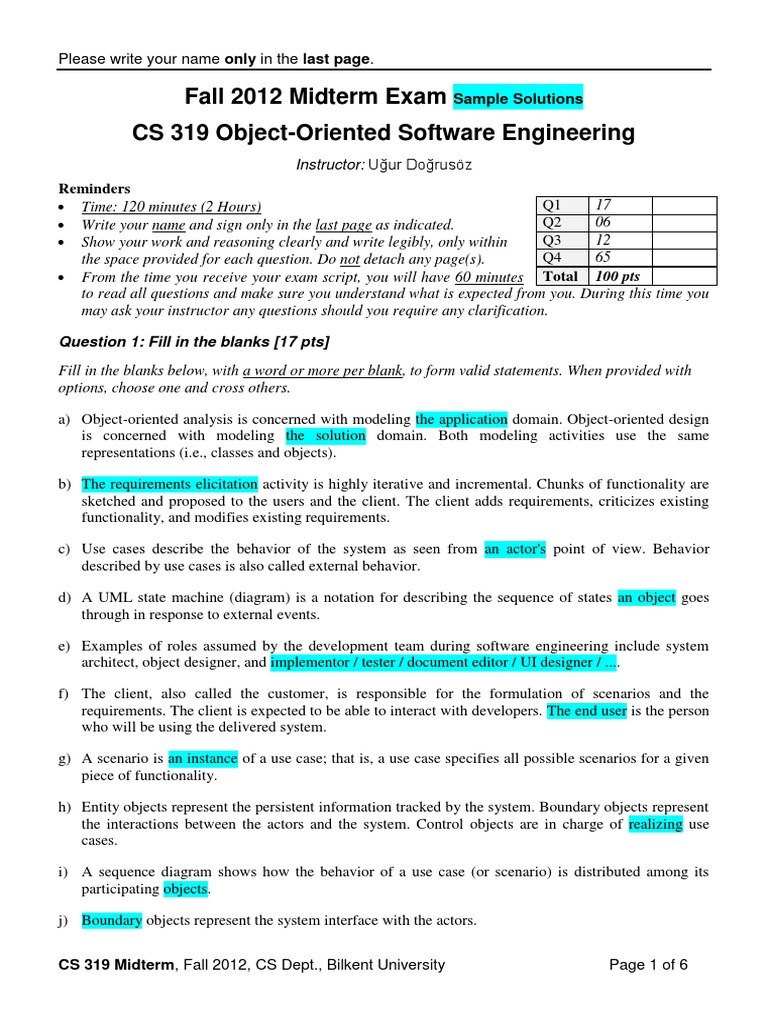 Fall 2012 Midterm Exam CS 319 Object-Oriented Software Engineering | Download Free PDF | Use ...