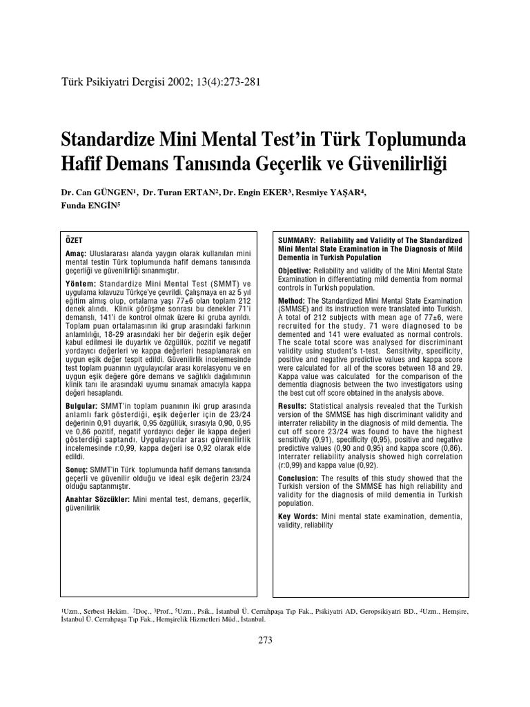 Standardize Mini Mental Test'in Türk Toplumunda Hafif Demans Tan S Nda ...