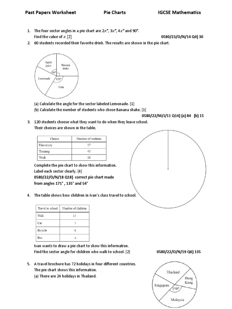Past Papers Worksheet Pie Charts IGCSE Mathematics | PDF | Pie Chart ...