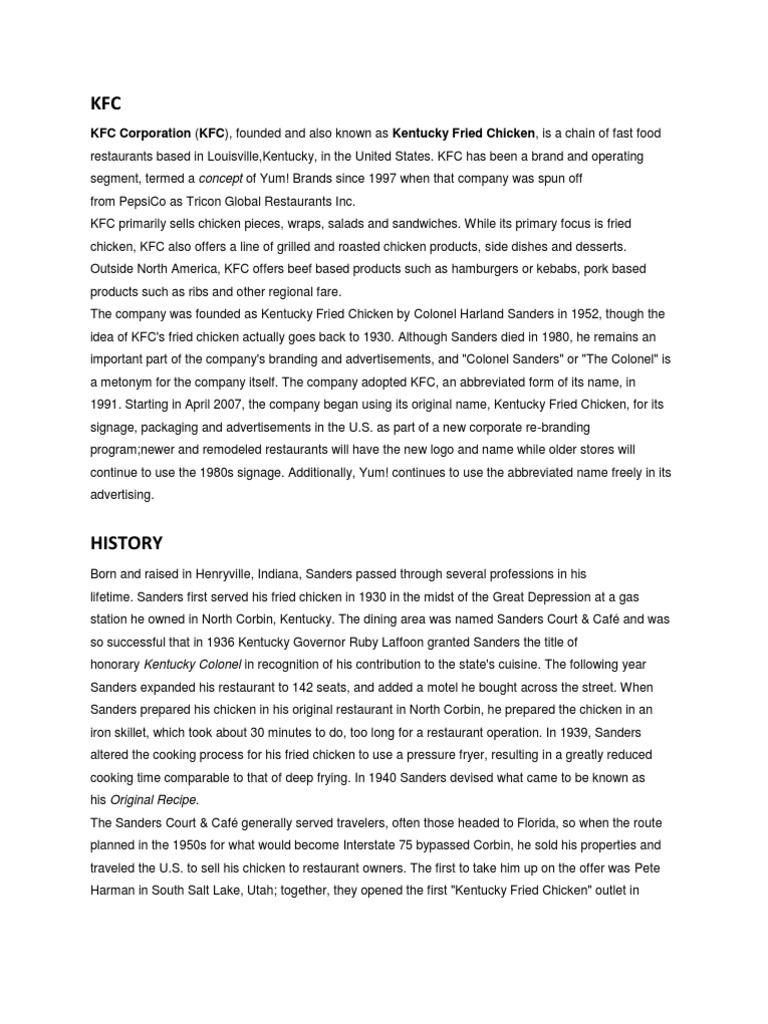 KFC: History and Menu Overview | PDF | Cuisine | Foods
