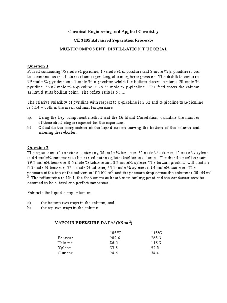 CE 3105 Multicomponent Distillation Tutorial | PDF | Distillation | Applied And ...