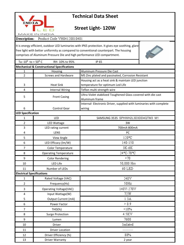 Technical Data Sheet Street Light - 120W: Description: Product Code ...