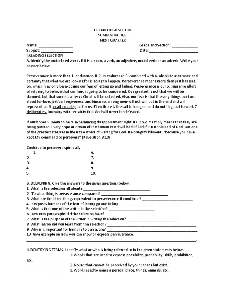 New Summative Test | PDF | Verb | Word