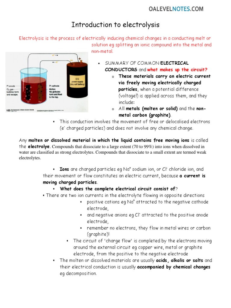 Introduction To Electrolysis | PDF | Ion | Electrolyte