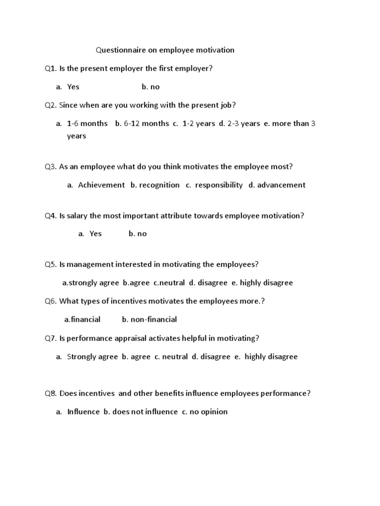 Questionnaire on employee motivation | Industrial And Organizational ...