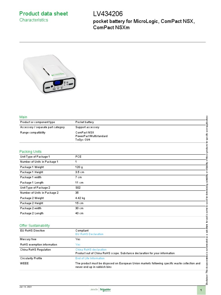 Product Data Sheet: Pocket Battery For Micrologic, Compact NSX, Compact ...