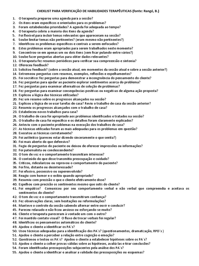 Checklist abrangente para avaliação de habilidades terapêuticas em ...
