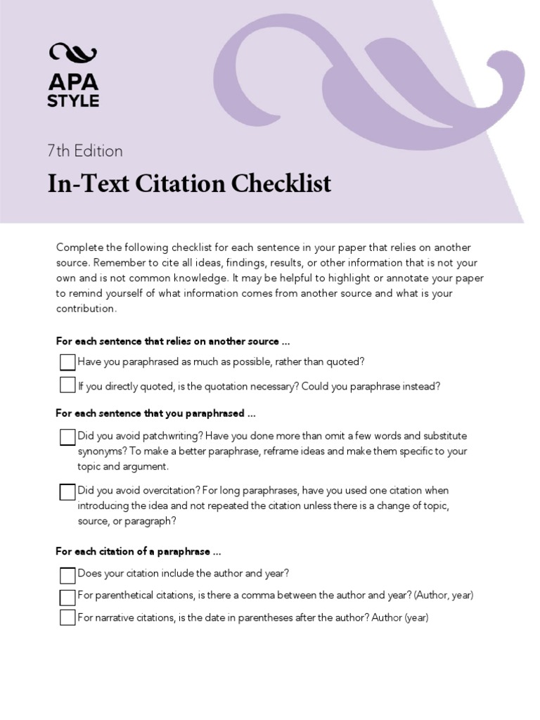 APA 7 In-Text Citation Checklist | PDF | Apa Style | Citation