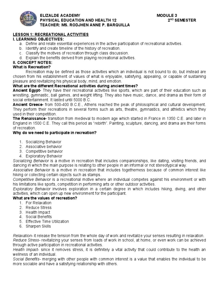Pe and Health 12 Module 3 | PDF | Recreation | Outdoor Recreation