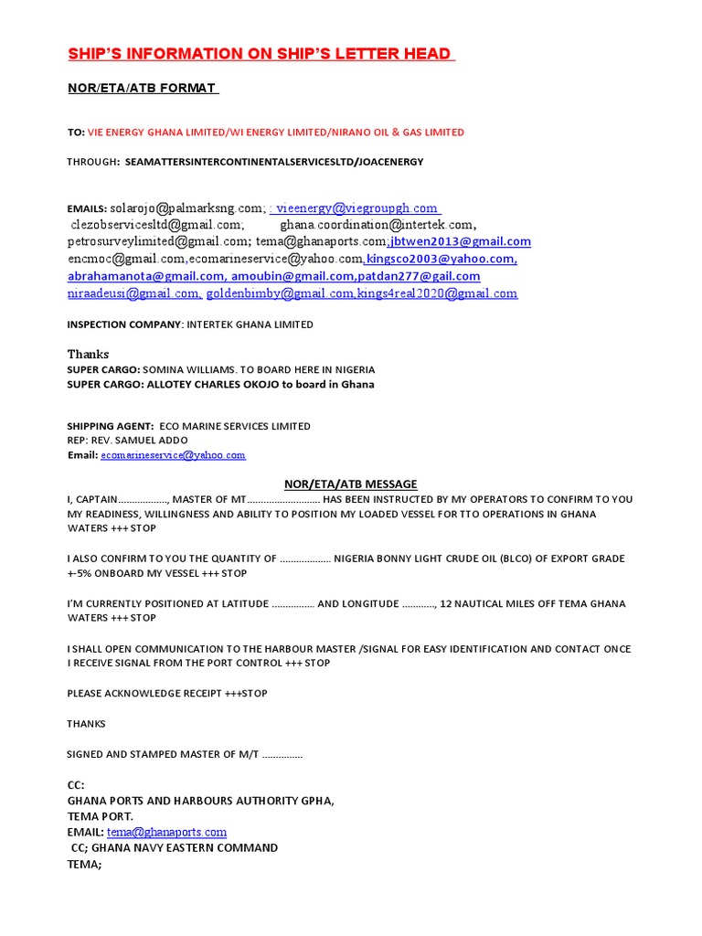 Ship'S Information On Ship'S Letter Head: Nor/Eta/Atb Format | PDF ...
