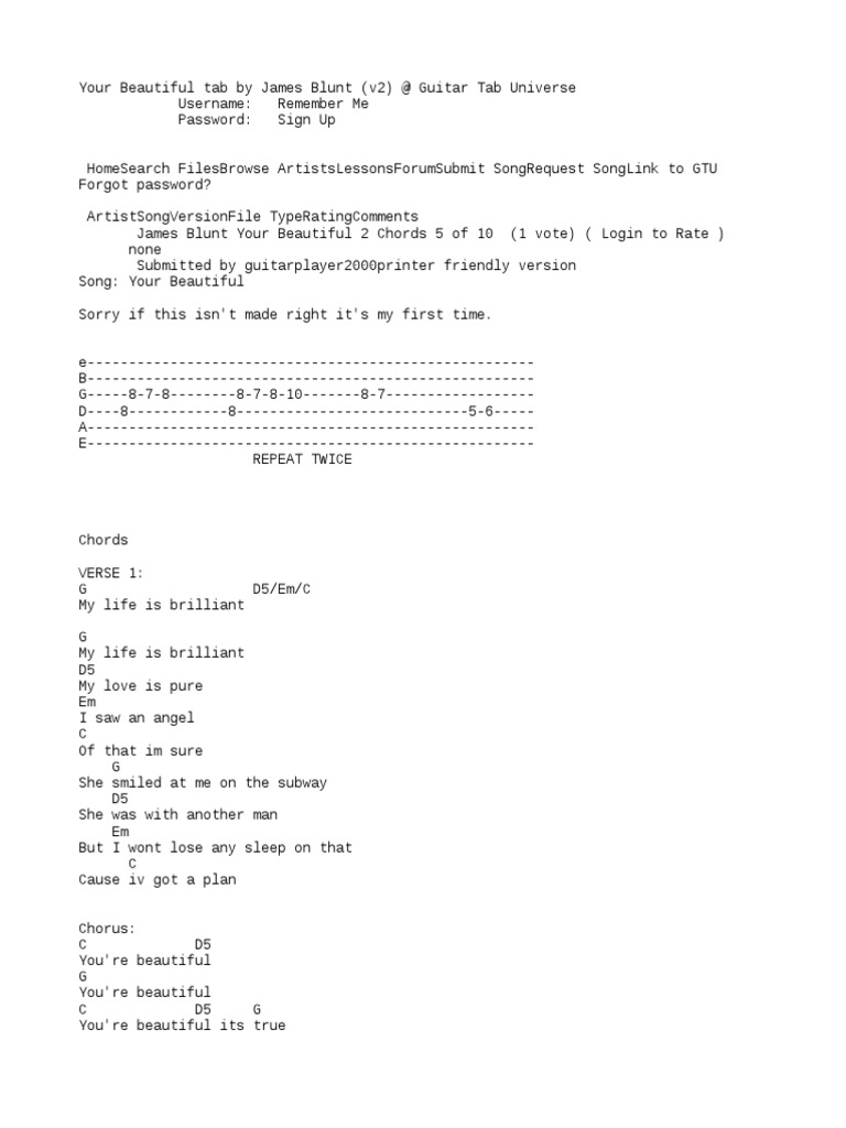 Your Beautiful Tab by James Blunt (v2) at Guitar Tab Universe | PDF ...