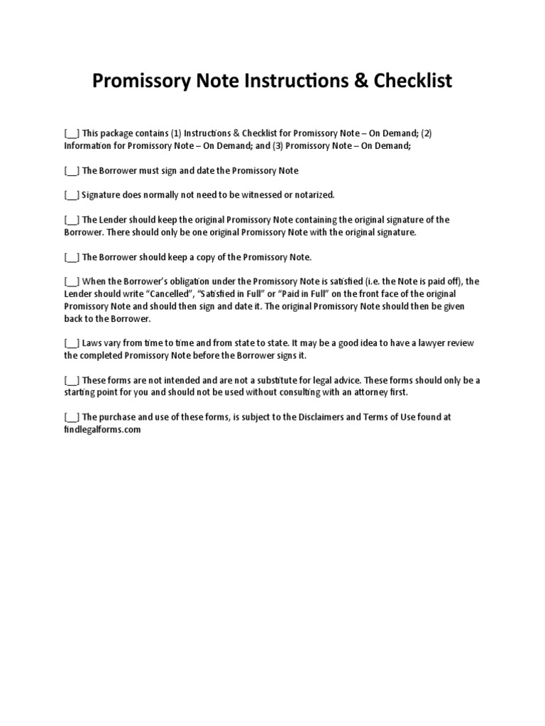 Promissory Note Instructions & Checklist | Download Free PDF ...
