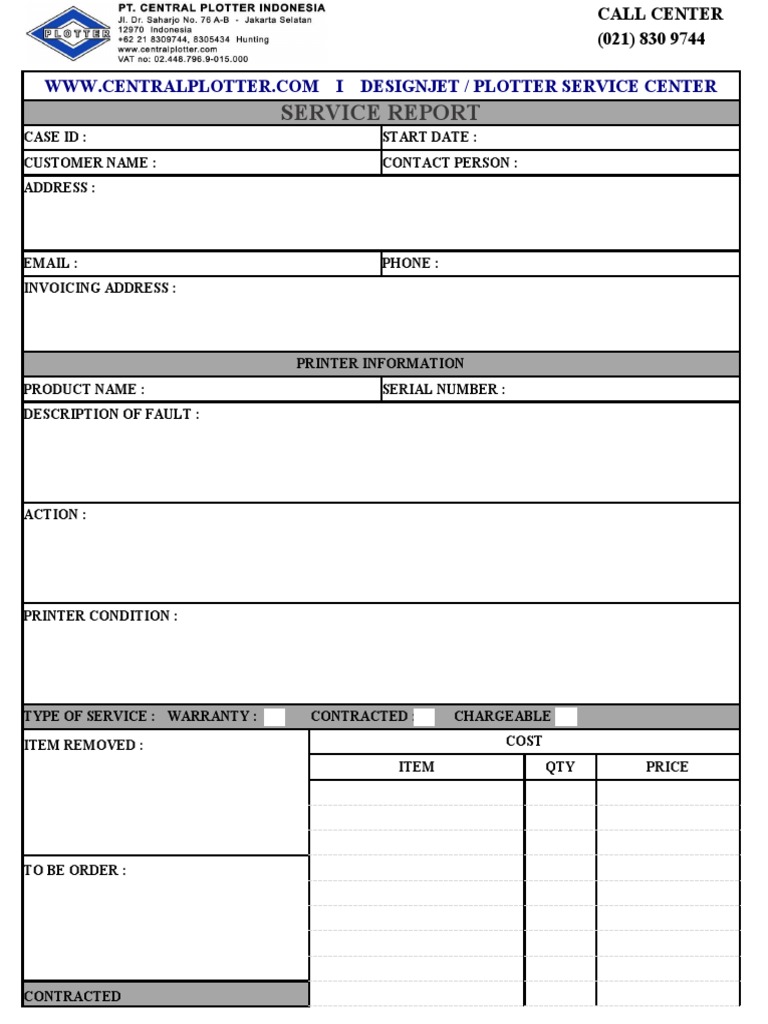 Printer Service Report Template | PDF | Business | Technology & Engineering