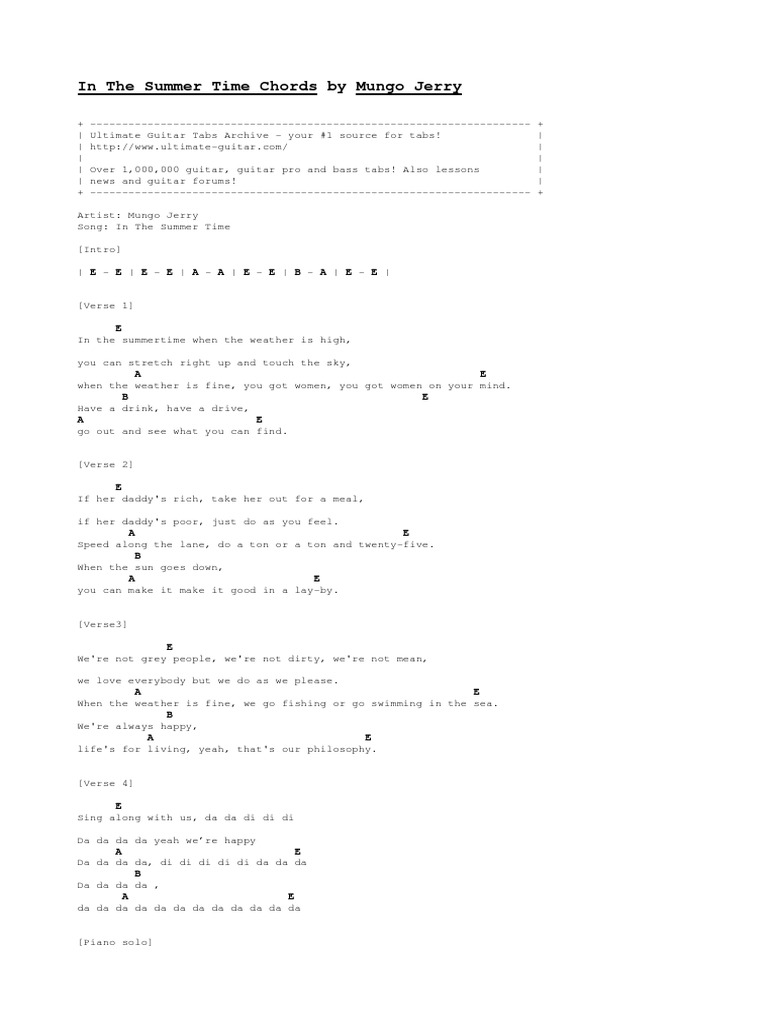 In The Summer Time Chords by Mungo Jerry | PDF | Song Structure ...