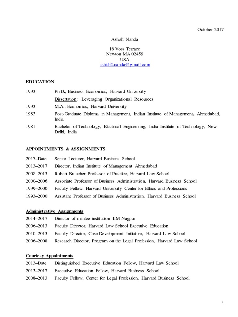 Ashish Nanda CV | PDF | Harvard Business School | Business