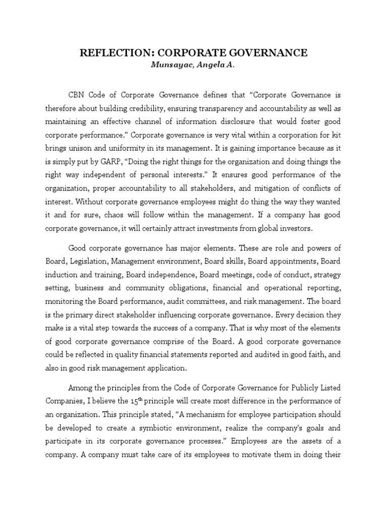 Reflection: Corporate Governance: Munsayac, Angela A | PDF | Corporate ...