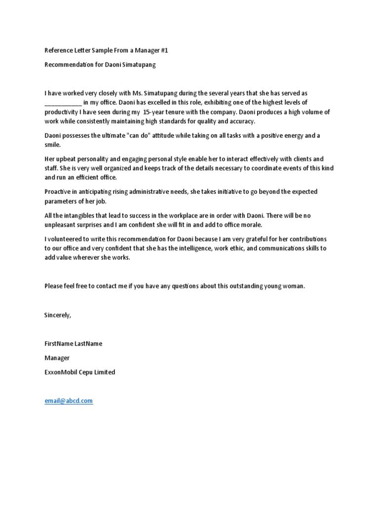 Reference Letter Sample From A Manager | PDF