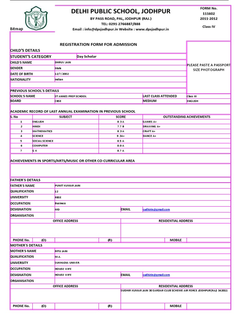 Delhi Public School, Jodhpur: Registration Form For Admission | PDF ...