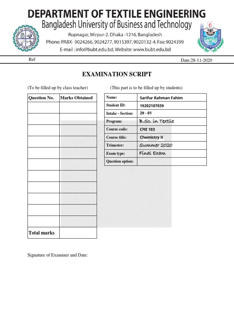 Examination Script: Question No. Marks Obtained | PDF