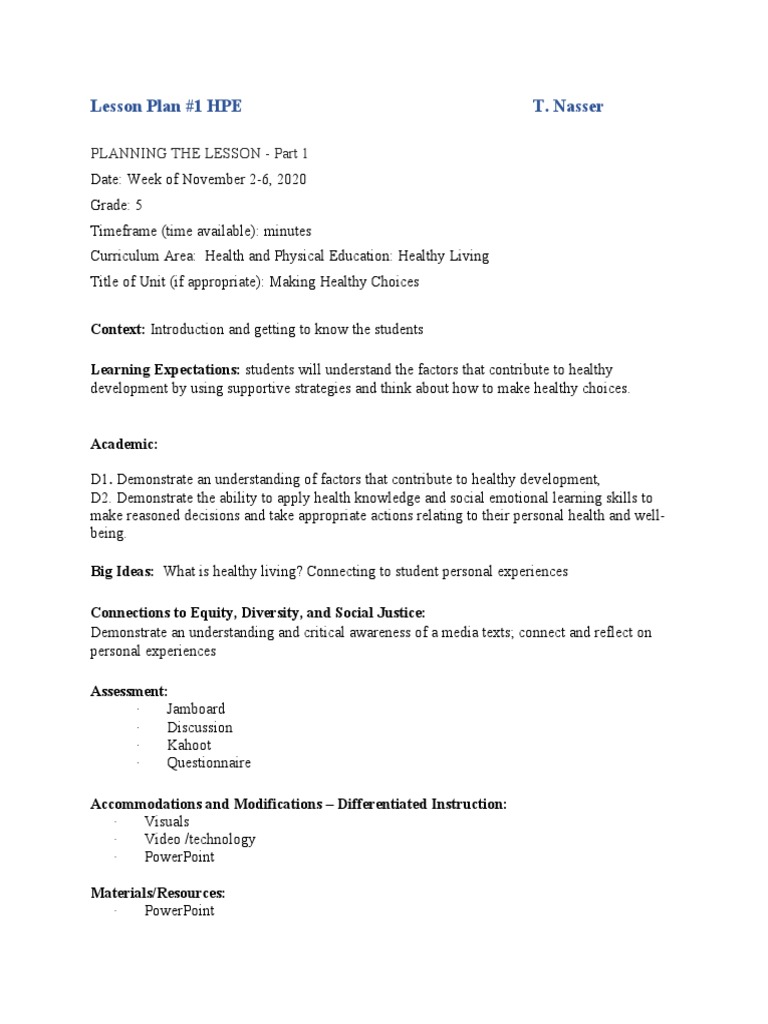 Lesson Plan #1 Hpe T. Nasser | PDF | Applied Psychology | Education Theory