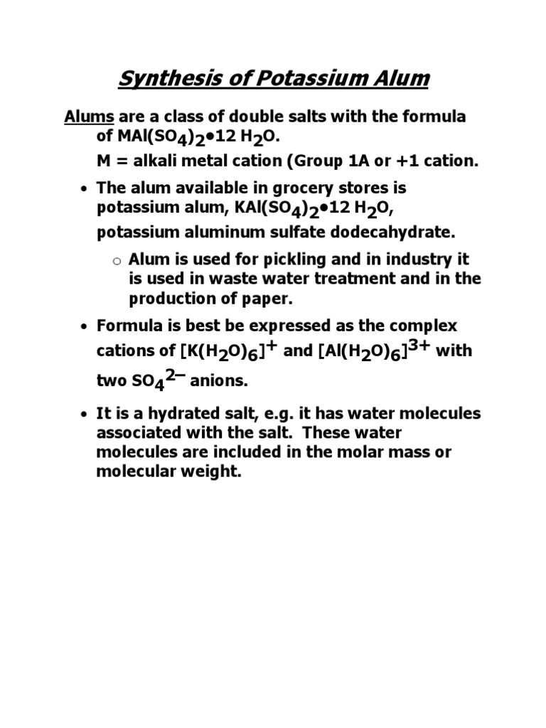 Potassium Alum Synthesis Lab Report | PDF | Mole (Unit) | Sulfate