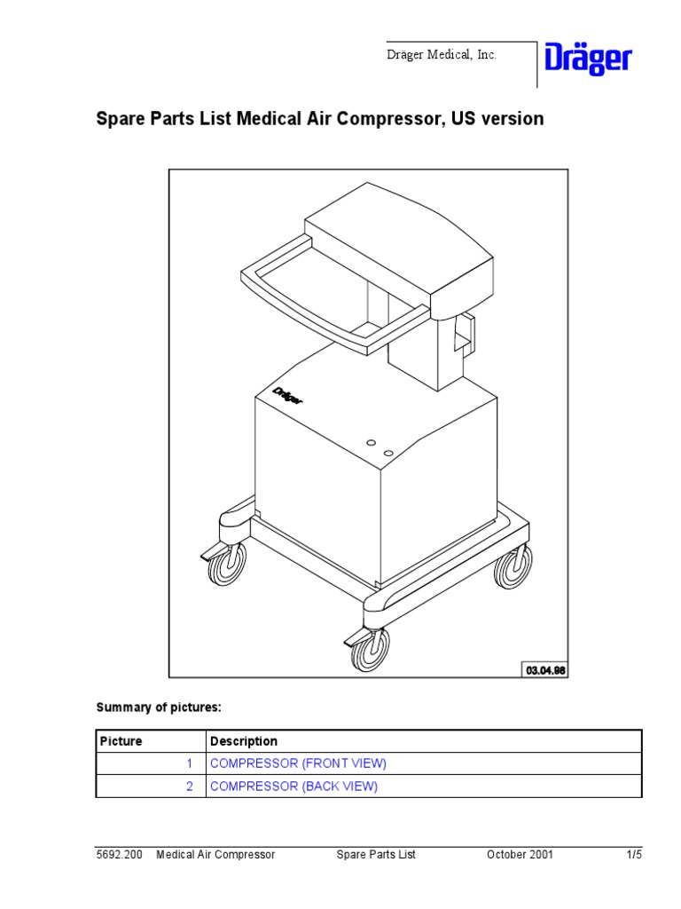 Spare Parts List for a Dräger Medical Air Compressor: Item Numbers ...