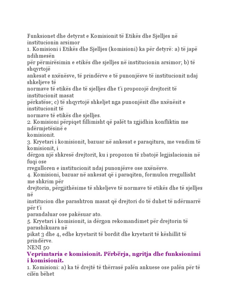 Funksionet Dhe Detyrat e Komisionit Të Etikës Dhe Sjelljes Në ...