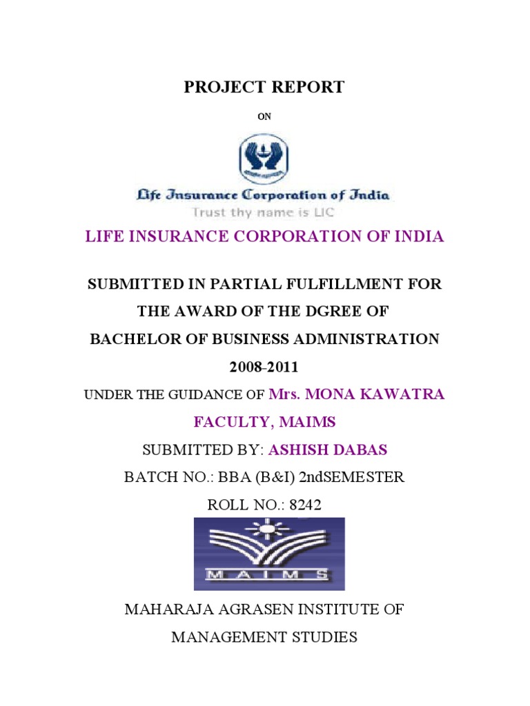 Project Report On LIC | PDF | Insurance | Life Insurance