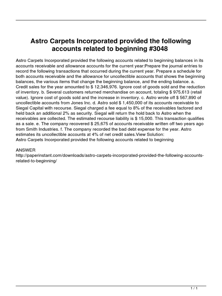 Astro Carpets Incorporated Provided The Following Accounts Related To ...