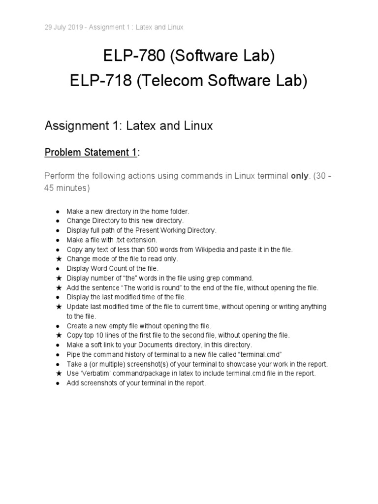 ELP-780 (Software Lab) ELP-718 (Telecom Software Lab) : Assignment 1: Latex and Linux | PDF ...