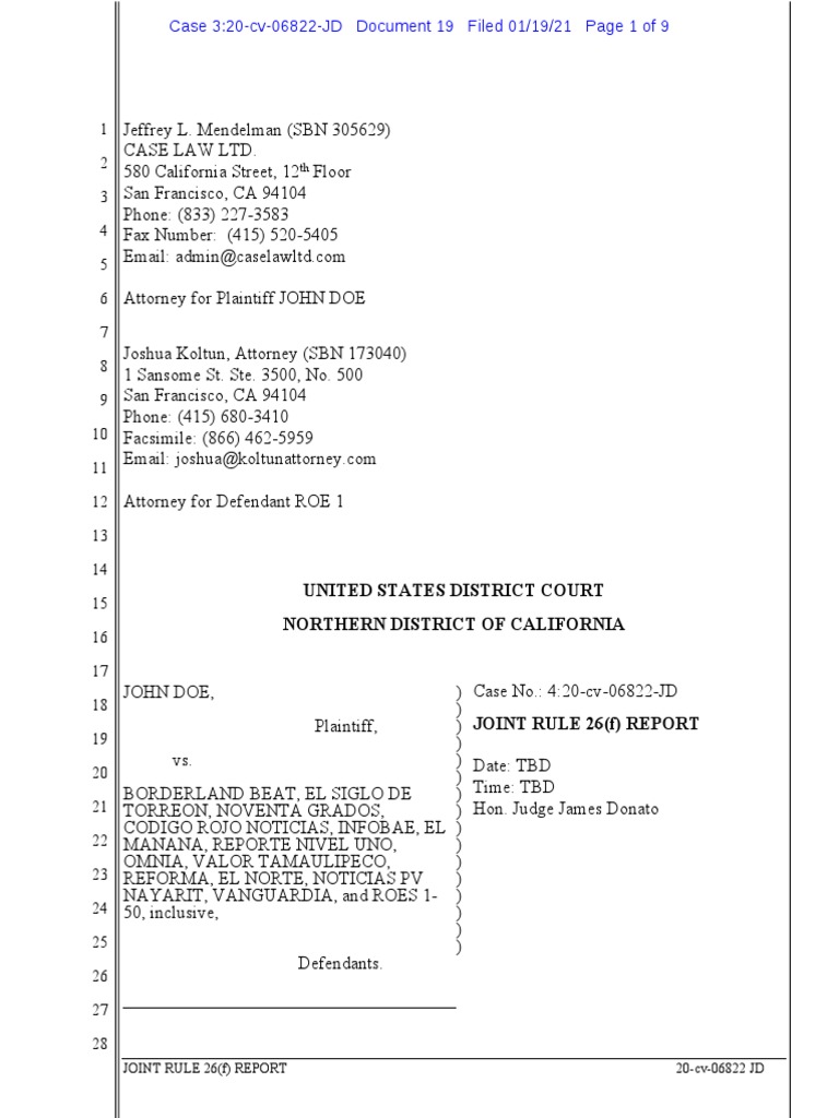 19 Joint Rule 26f Report | PDF | Discovery (Law) | Complaint