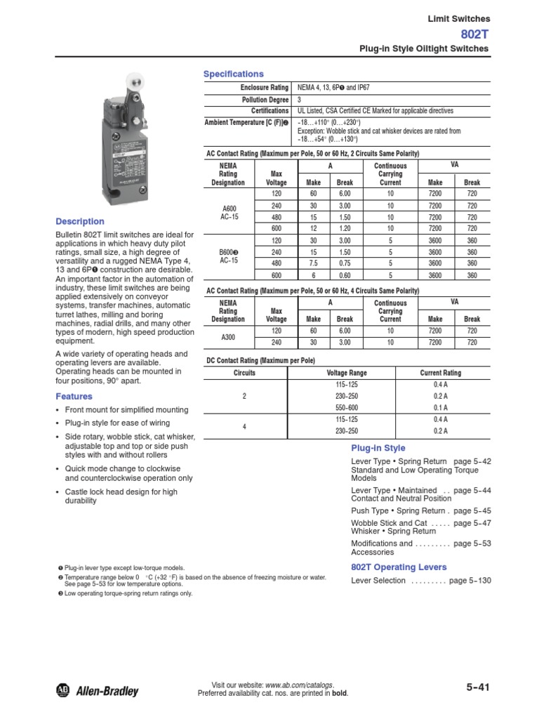 802T Limit Switches Overview | PDF | Switch | Alternating Current