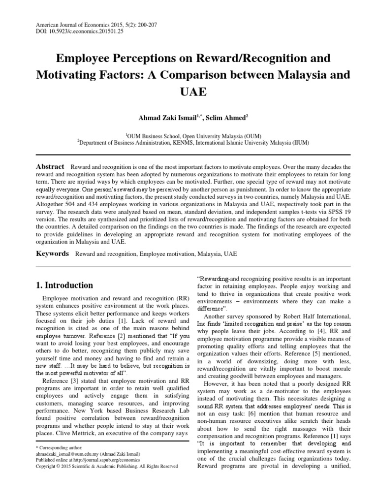 Employee Perceptions On Reward/Recognition and Motivating Factors: A ...
