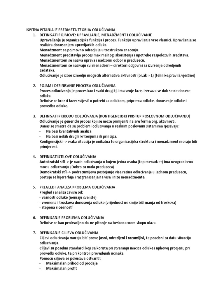 Odgovori Na Ispitna Pitanja Iz Teorije Odlucivanja | PDF