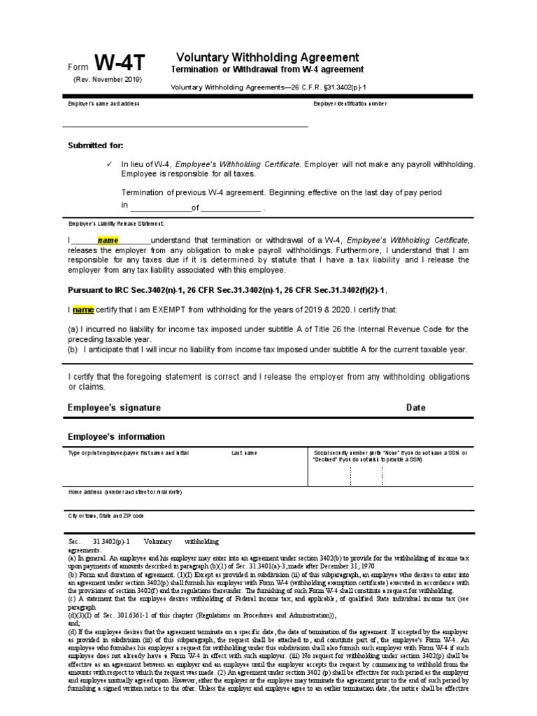 Voluntary Withholding Agreement: Termination or Withdrawal From W-4 ...