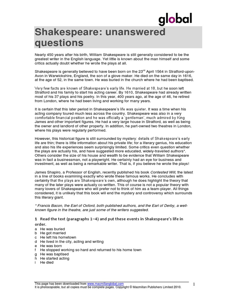 Shakespeare: Unanswered Questions: 1 Read The Text (Paragraphs 1-4) and ...