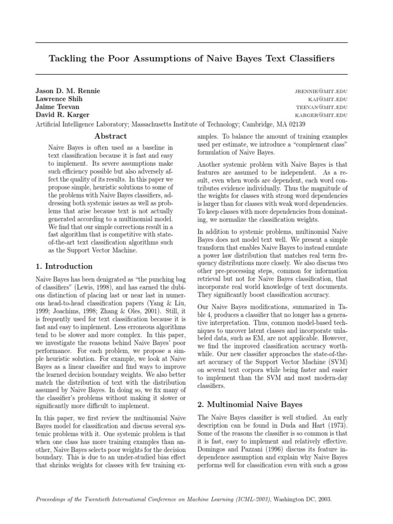 Tackling The Poor Assumptions of Naive Bayes Text Classifiers | PDF | Statistical Classification ...