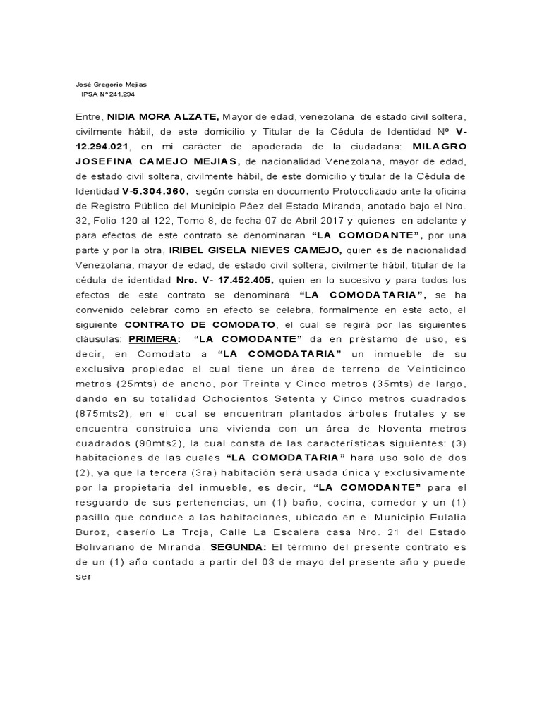 Contrato de Comodato Con Apoderado | PDF | Ley de obligaciones | Derecho contractual